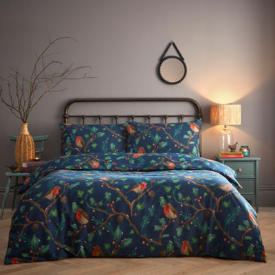 Portfolio Home Dalby Robins Holly Navy Single Soft Easy Care Bed Linen ...