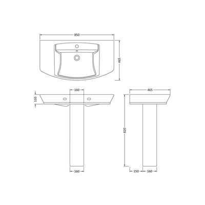 Porthill Ceramic Square Basin with Full Pedestal, 850mm - Contemporary ...