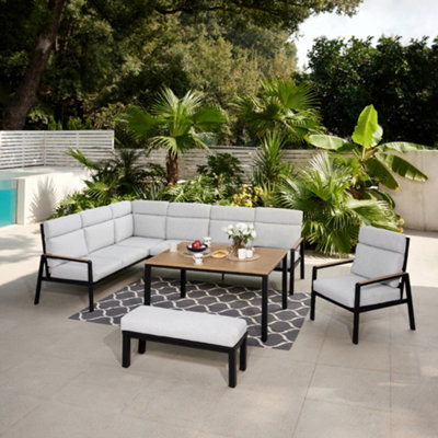 Porto Black Corner Garden Set with Wood Effect Table