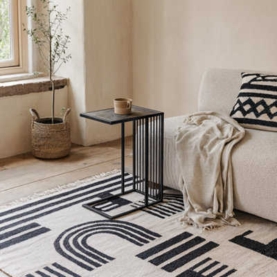 Porto C-Shape Side Table - Black Metal Frame with Stone-Effect Top