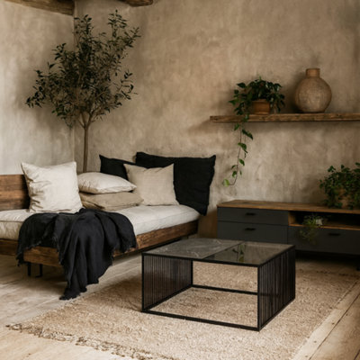 Porto Square Coffee Table - Black Metal Frame with Glass and Stone ...