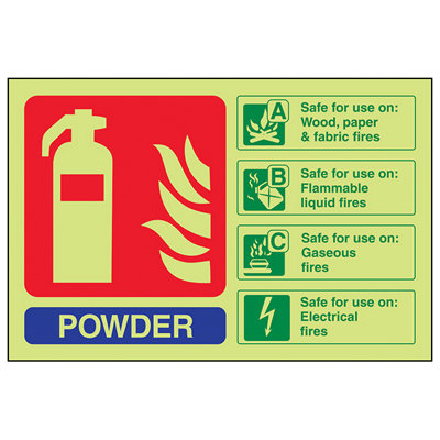 POWDER Fire Extinguisher Safety Sign - Glow in Dark - 150x100mm (x3)