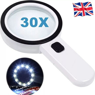POWERFUL 30X LED MAGNIFYING GLASS FOR READING & HOBBIES WITH 12 BRIGHT ...