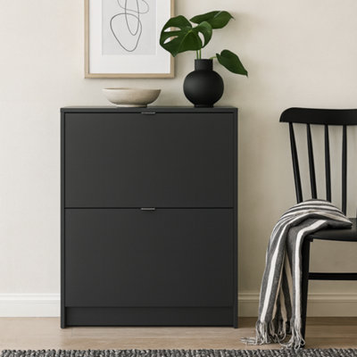 Prague Matte Black Shoe Cabinet with 2 Flip-Down Doors Slim Hallway Storage