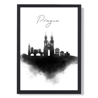 Prague Watercolour Skyline City Art Print with Black Frame SIZE: A4