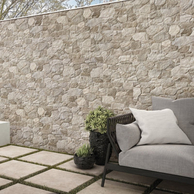 Prairie Beige Split Faced Stone Effect Porcelain Tile Pack of 4 Tiles 1.14m² (L)890mm (W)320mm