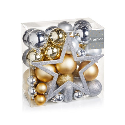 Premier - 50 Piece Mixed Finish Bauble Pack with Tree Top Star, Gold ...