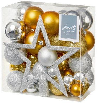 Premier - Assorted Bauble Pack with Tree Star, Gold / Silver