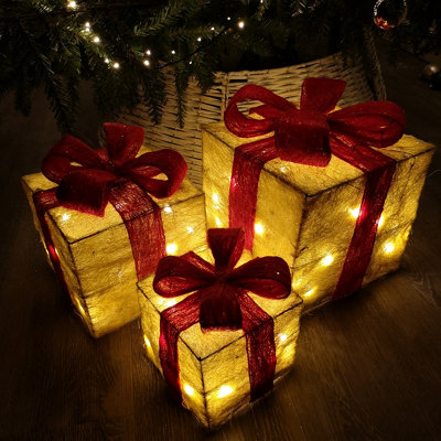 Premier Christmas Set of 3 Glitter Parcels in Gold with Red Bow & LED ...
