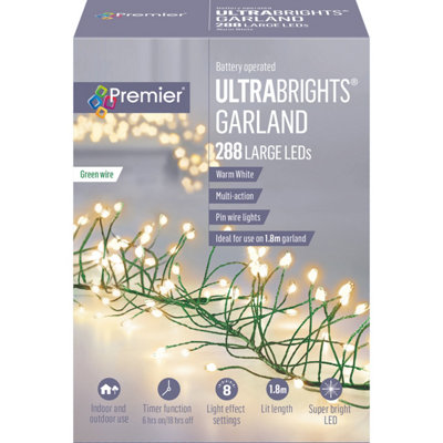 Premier Ultrabrights Garland Lights 288 Warm White LEDs Green Wire
