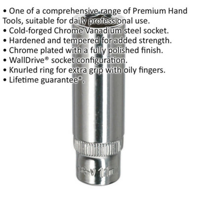 Premium 11mm Deep Drive Socket - Chrome Vanadium 1/4 Inch Square Drive Tool