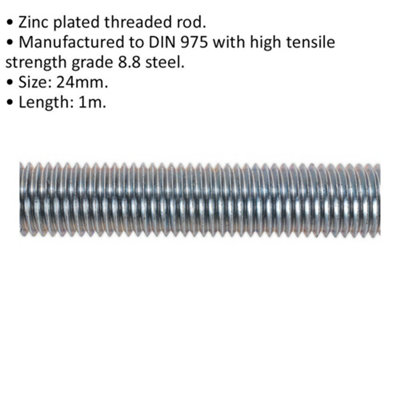 Premium 2 Pack M24 x 1mm Threaded Studding Rod - Grade 8.8 Zinc Plated ...