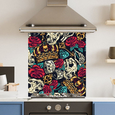 Premium 59.5 x 74.5cm Skull Tattoo 6mm Glass Toughened Kitchen Splashback