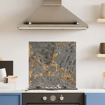 Premium 60cm x 60cm 6mm Glass Grey Gold Marble Kitchen Splashback ...
