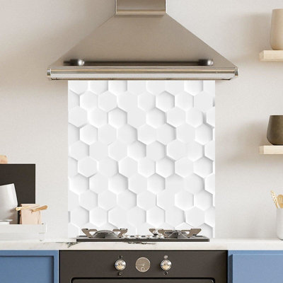 Premium 70 x 75cm White Hexagon 6mm Glass Toughened Kitchen Splashback ...