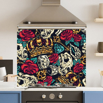 PREMIUM 75 X 70CM SKULL TATTOO 6MM GLASS TOUGHENED KITCHEN SPLASHBACK
