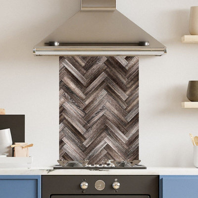 Premium 75 x 90cm Herringbone Wood 6mm Glass Toughened Kitchen Splashback