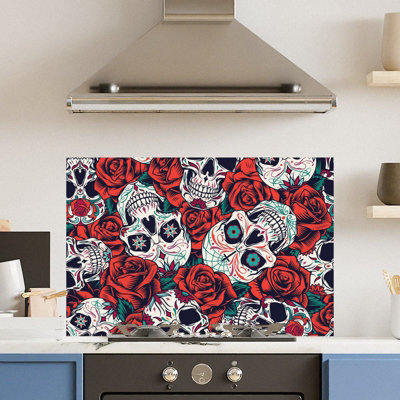Premium 90 x 60cm Red Skulls 6mm Glass Toughened Kitchen Splashback