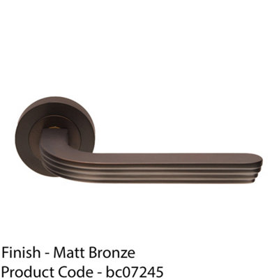 Premium Art Deco Door Handle Set - Matt Bronze Reeded Lever On Round Rose