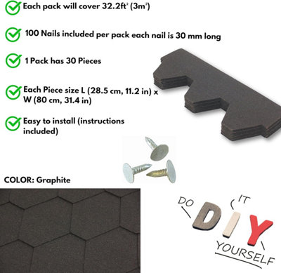 Premium Asphalt Roof Shingles 25 Pcs - Graphite Hexagonal Roofing Felt ...