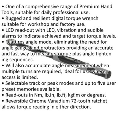 Premium Digital Torque Wrench with Angle Function - 20 to 200Nm 1/2" Drive