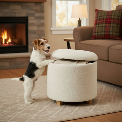 Premium Footstool with Storage Round White Teddy Boucle Ottoman Storage ...
