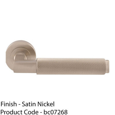 Premium Knurled Door Handle Set - Satin Nickel Angled Lever On Round Rose