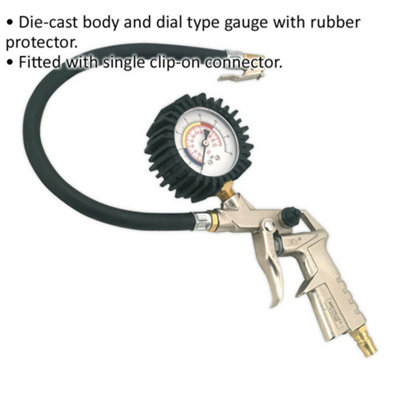 Premium Pistol Grip Tyre Inflator - Clip-On Connector - 0.5m Hose - 1/4 ...