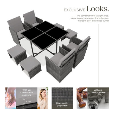 Premium Rattan garden furniture Set 8 Seats 1 Table Grey