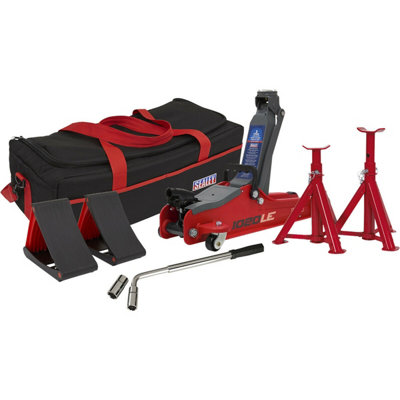 PREMIUM SHORT CHASSIS TROLLEY JACK KIT WITH AXLE STANDS, WHEEL CHOCKS ...