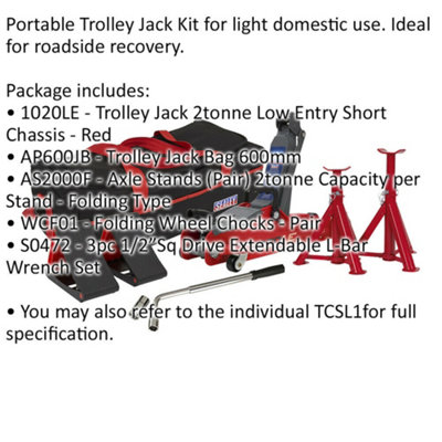 PREMIUM SHORT CHASSIS TROLLEY JACK KIT WITH AXLE STANDS, WHEEL CHOCKS ...