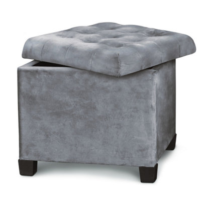 Premium Square Grey Footstool with Storage Charcoal Velvet Ottoman ...