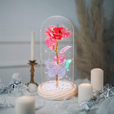 Preserved Rose in Glass Shade Wooden Base Gold Red and Silver Butterfly ...