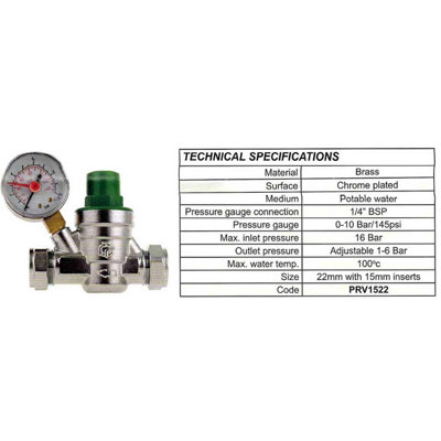 Pressure Reducing Valve & Gauge 15mm 22mm Compression 0-6 Bar Adjustable