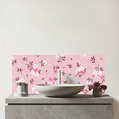 PRETTY PINK FLOWER PATTERN GLASS BATHROOM SPLASHBACK