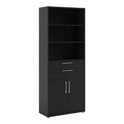 Prima Bookcase 2 Shelves With 2 Drawers And 2 Doors In Black Woodgrain ...