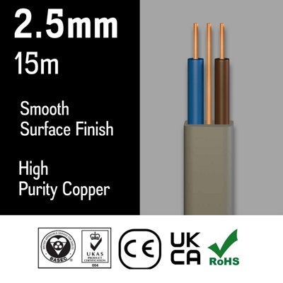 Primes DIY Electric Socket wire cable 2.5mm Twin and Earth Flat Grey ...