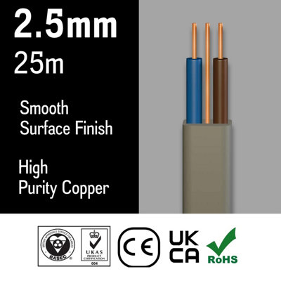 Primes DIY Electric Socket wire cable 2.5mm Twin and Earth Flat Grey ...