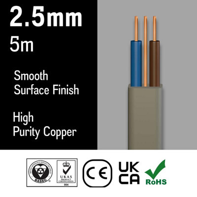 Primes DIY Electric Socket wire cable 2.5mm Twin and Earth Flat Grey ...