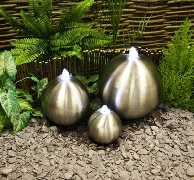Primrose 3-Sphere Brushed Stainless Steel Water Feature with Lights ...