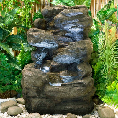 Primrose 4-Tier Rock Falls Patio Garden Water Feature with LED Lights ...