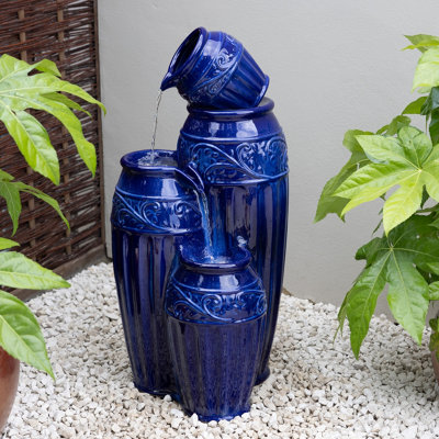 Primrose Aber Blue Ceramic Cascading Vase Water Feature with LED Lights ...