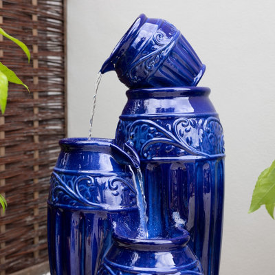 Primrose Aber Blue Ceramic Cascading Vase Water Feature with LED Lights ...