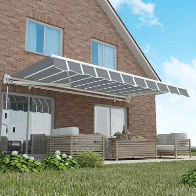 Primrose Awnings 4.0m x 3.0m Retractable Manual Pin Striped Grey Awning ...