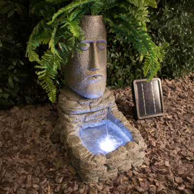 Primrose Easter Island Head Solar Water Feature & Planter with Lights 50cm