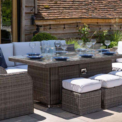 Primrose Living Luxury Rattan Peony 8 Seater Garden Furniture Sofa Set with Rectangular Fire Pit Table
