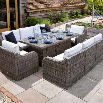Primrose Living Luxury Rattan Peony 8 Seater Garden Furniture Sofa Set with Rectangular Fire Pit Table