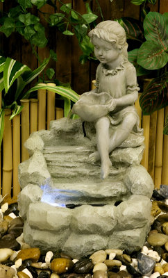 PRIMROSE STONE EFFECT GIRL CASCADE WATER FEATURE STATUE WITH LED LIGHT 42CM