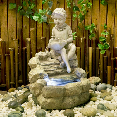 Primrose Stone Effect Girl Cascade Water Feature Statue with LED Light ...