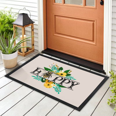 Printed Doormat With Rubber Border Happy Bee Design - 60cm x 40cm